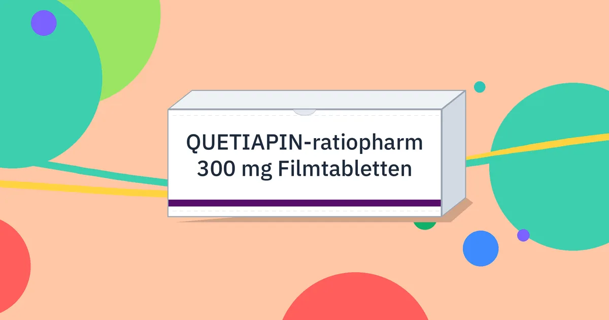 Symbolbild: Packung mit der Aufschrift QUETIAPIN-ratiopharm 300 mg Filmtabletten (PZN 09243276) – Verfügbarkeit und Bezug in Apotheken in Frankfurt am Main