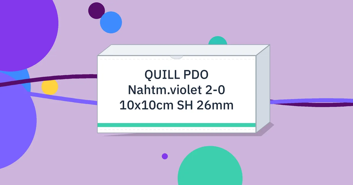 Symbolbild: Packung mit der Aufschrift QUILL PDO Nahtm.violet 2-0 10x10cm SH 26mm (PZN 17989707) – Verfügbarkeit und Bezug in Apotheken in Frankfurt am Main