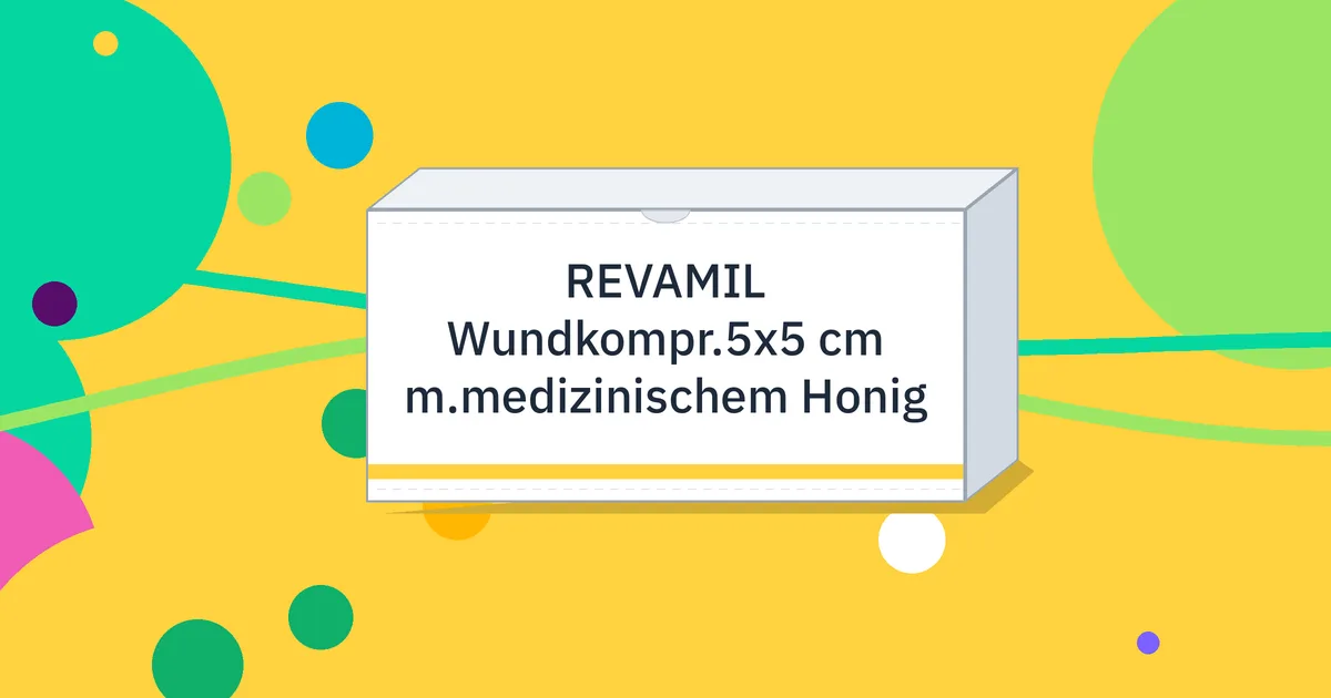 Symbolbild: Packung mit der Aufschrift REVAMIL Wundkompr.5x5 cm m.medizinischem Honig (PZN 18038061) – Verfügbarkeit und Bezug in Apotheken in Frankfurt am Main