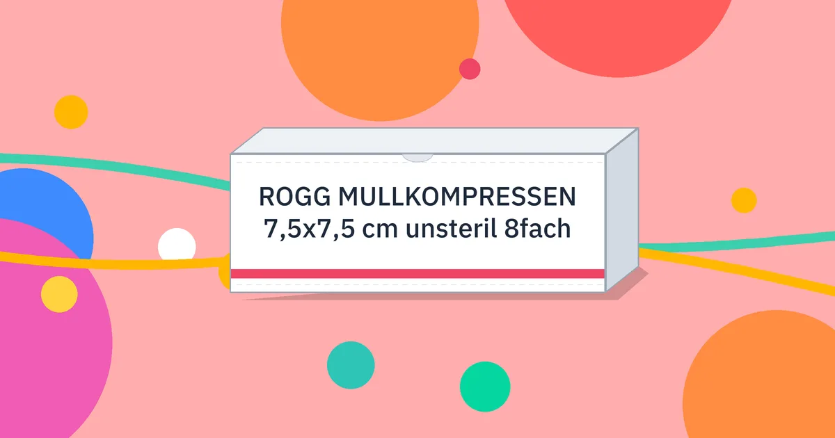 Symbolbild: Packung mit der Aufschrift ROGG MULLKOMPRESSEN 7,5x7,5 cm unsteril 8fach (PZN 03439015) – Verfügbarkeit und Bezug in Apotheken in Frankfurt am Main