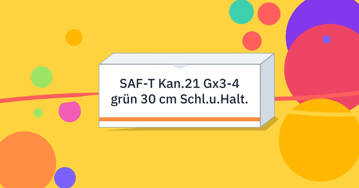 Symbolbild: Packung mit der Aufschrift SAF-T Kan.21 Gx3-4 grün 30 cm Schl.u.Halt. (PZN 09104994) – Verfügbarkeit und Bezug in Apotheken in Frankfurt am Main