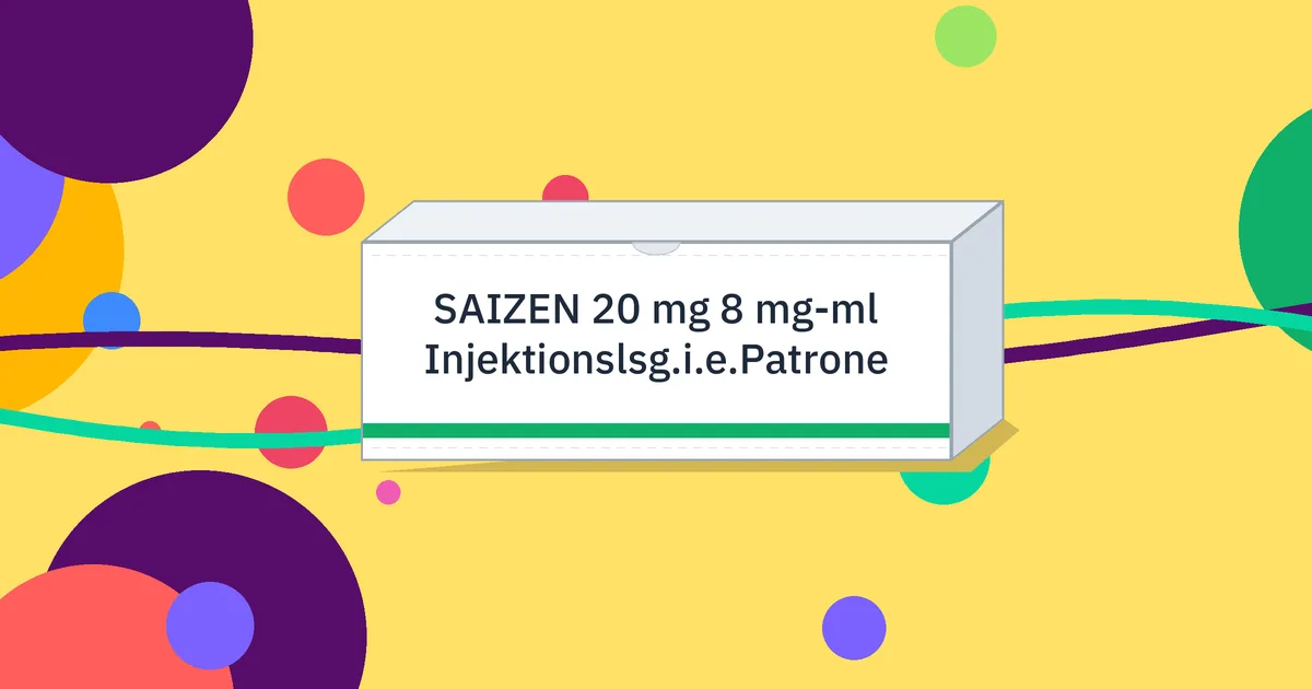 Symbolbild: Packung mit der Aufschrift SAIZEN 20 mg 8 mg-ml Injektionslsg.i.e.Patrone (PZN 16926969) – Verfügbarkeit und Bezug in Apotheken in Frankfurt am Main