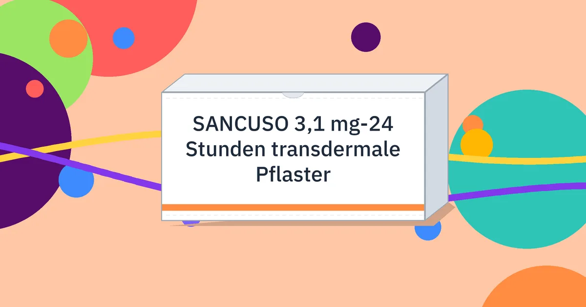 Symbolbild: Packung mit der Aufschrift SANCUSO 3,1 mg-24 Stunden transdermale Pflaster (PZN 19197488) – Verfügbarkeit und Bezug in Apotheken in Frankfurt am Main