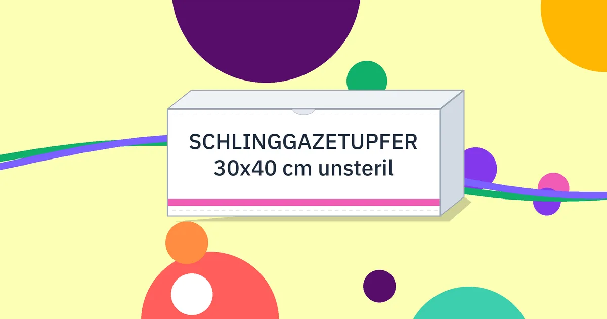 Symbolbild: Packung mit der Aufschrift SCHLINGGAZETUPFER 30x40 cm unsteril (PZN 08821653) – Verfügbarkeit und Bezug in Apotheken in Frankfurt am Main