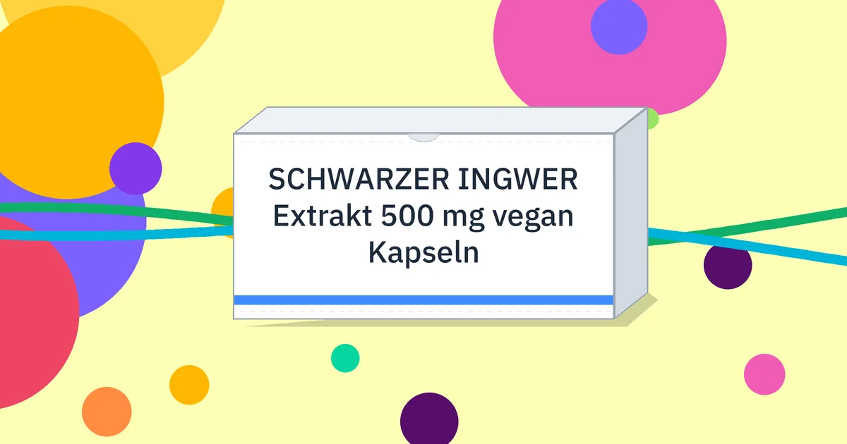 Symbolbild: Packung mit der Aufschrift SCHWARZER INGWER Extrakt 500 mg vegan Kapseln (PZN 18159818) – Verfügbarkeit und Bezug in Apotheken in Frankfurt am Main