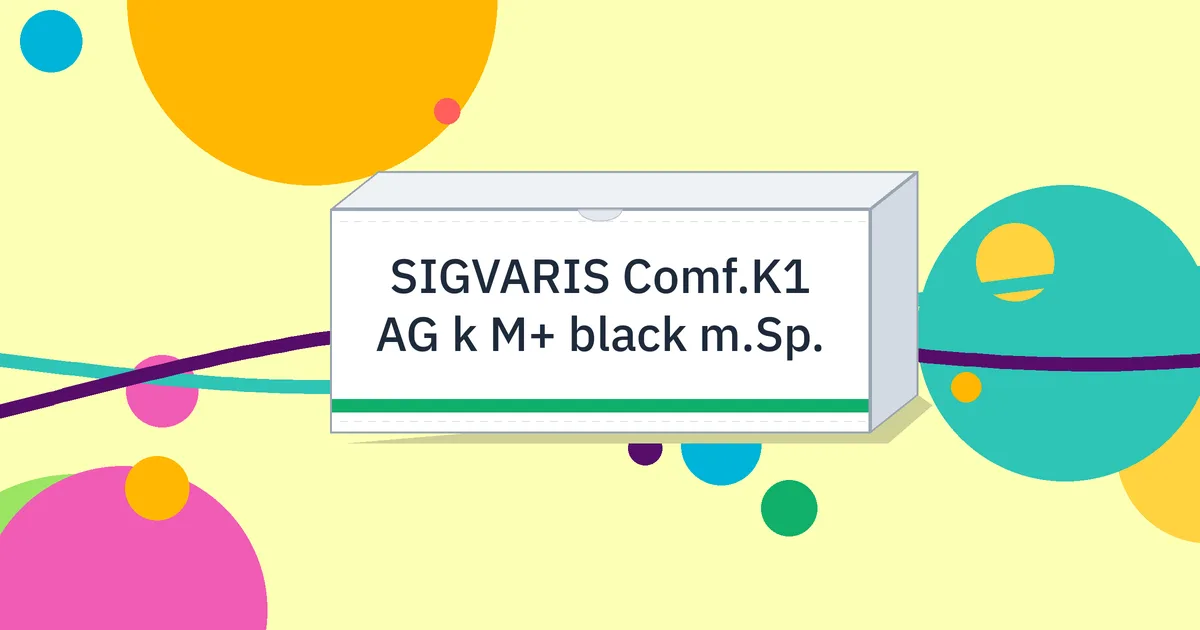 Symbolbild: Packung mit der Aufschrift SIGVARIS Comf.K1 AG k M+ black m.Sp. (PZN 17043396) – Verfügbarkeit und Bezug in Apotheken in Frankfurt am Main