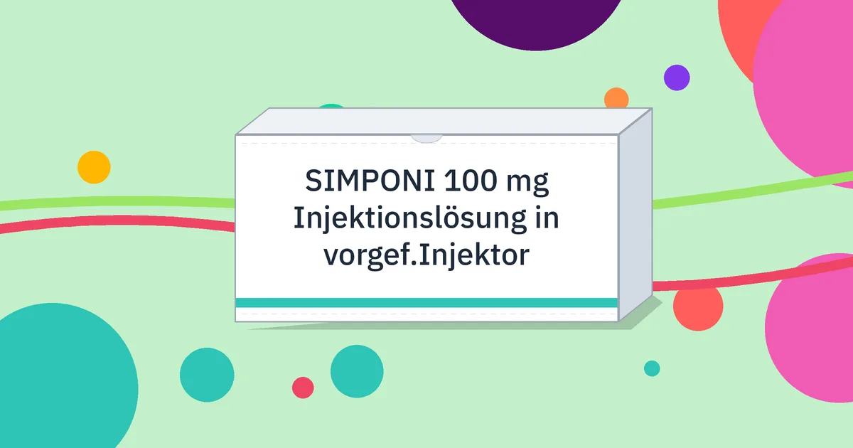 Symbolbild: Packung mit der Aufschrift SIMPONI 100 mg Injektionslösung in vorgef.Injektor (PZN 17550319) – Verfügbarkeit und Bezug in Apotheken in Frankfurt am Main