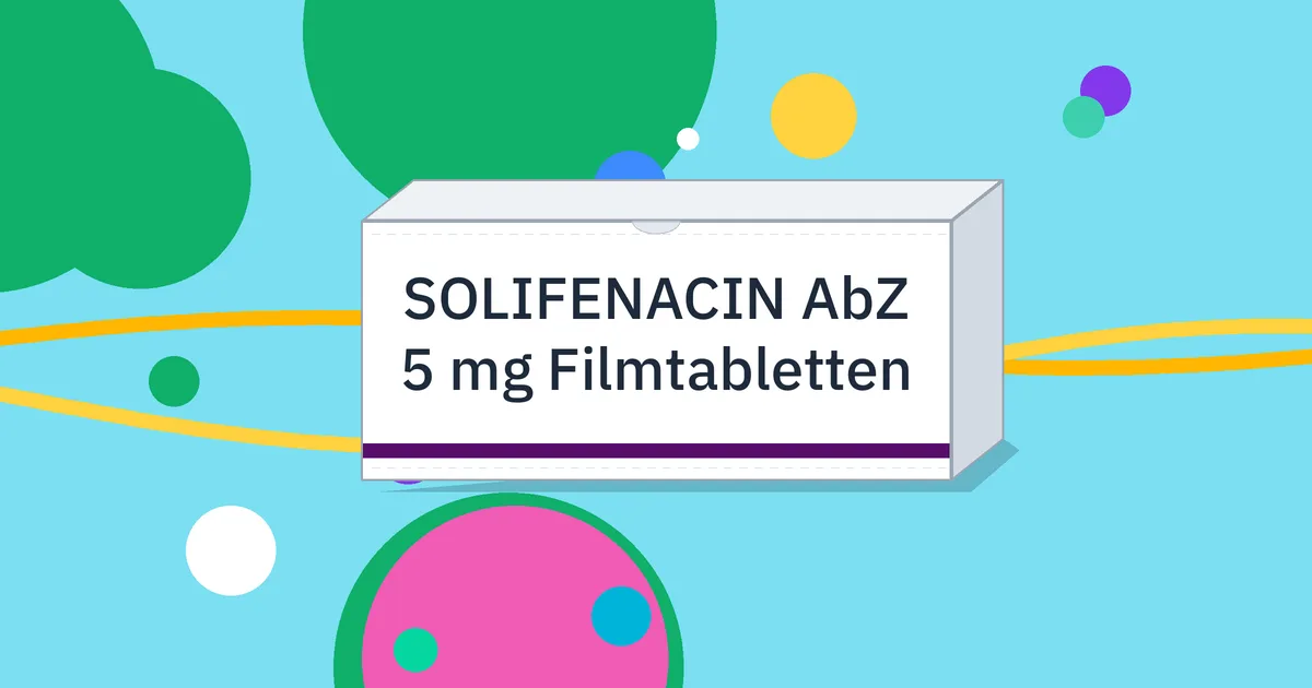 Symbolbild: Packung mit der Aufschrift SOLIFENACIN AbZ 5 mg Filmtabletten (PZN 14323758) – Verfügbarkeit und Bezug in Apotheken in Frankfurt am Main