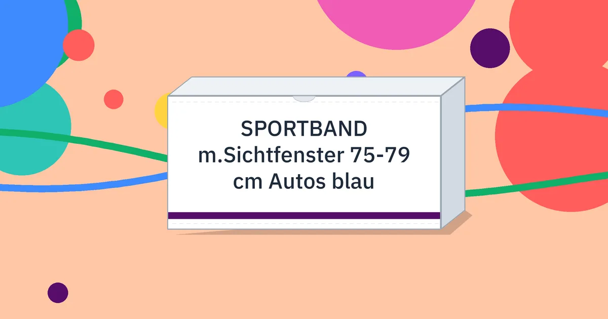 Symbolbild: Packung mit der Aufschrift SPORTBAND m.Sichtfenster 75-79 cm Autos blau (PZN 13916083) – Verfügbarkeit und Bezug in Apotheken in Frankfurt am Main