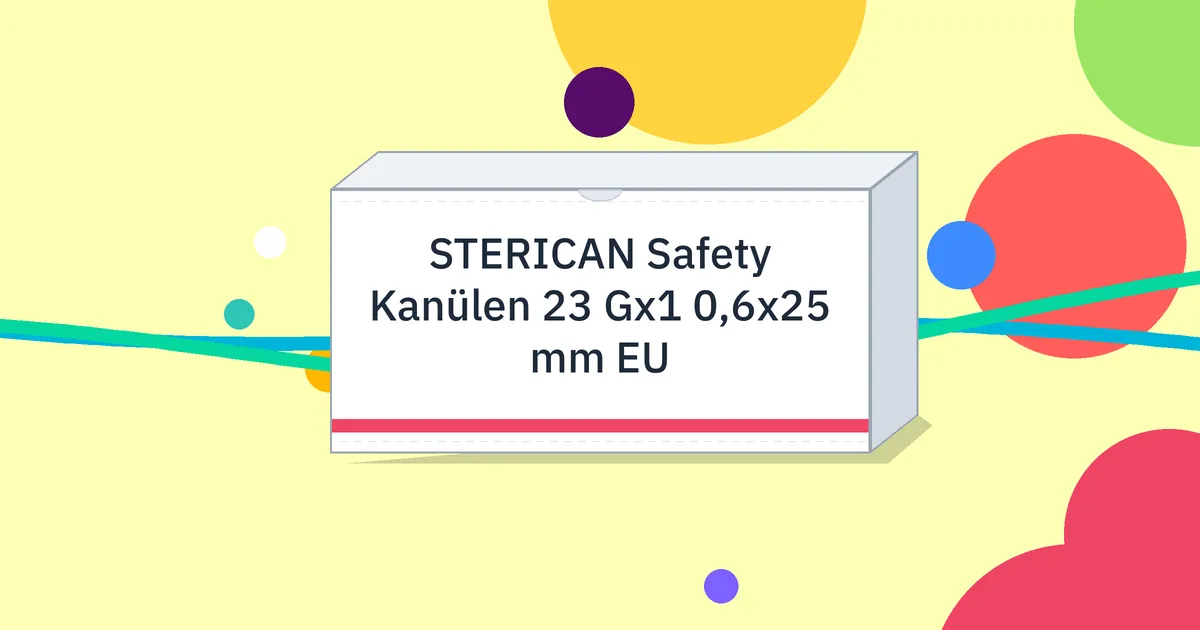 Symbolbild: Packung mit der Aufschrift STERICAN Safety Kanülen 23 Gx1 0,6x25 mm EU (PZN 15565682) – Verfügbarkeit und Bezug in Apotheken in Frankfurt am Main