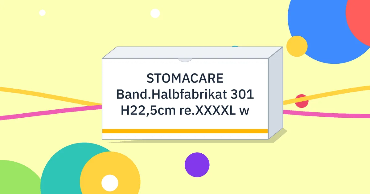 Symbolbild: Packung mit der Aufschrift STOMACARE Band.Halbfabrikat 301 H22,5cm re.XXXXL w (PZN 06432019) – Verfügbarkeit und Bezug in Apotheken in Frankfurt am Main