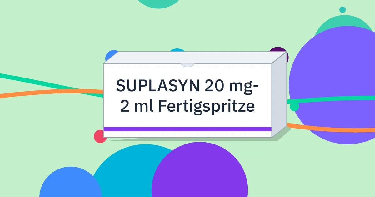 Symbolbild: Packung mit der Aufschrift SUPLASYN 20 mg-2 ml Fertigspritze (PZN 17978431) – Verfügbarkeit und Bezug in Apotheken in Frankfurt am Main