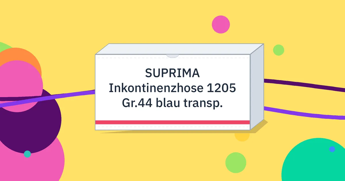 Symbolbild: Packung mit der Aufschrift SUPRIMA Inkontinenzhose 1205 Gr.44 blau transp. (PZN 01365643) – Verfügbarkeit und Bezug in Apotheken in Frankfurt am Main