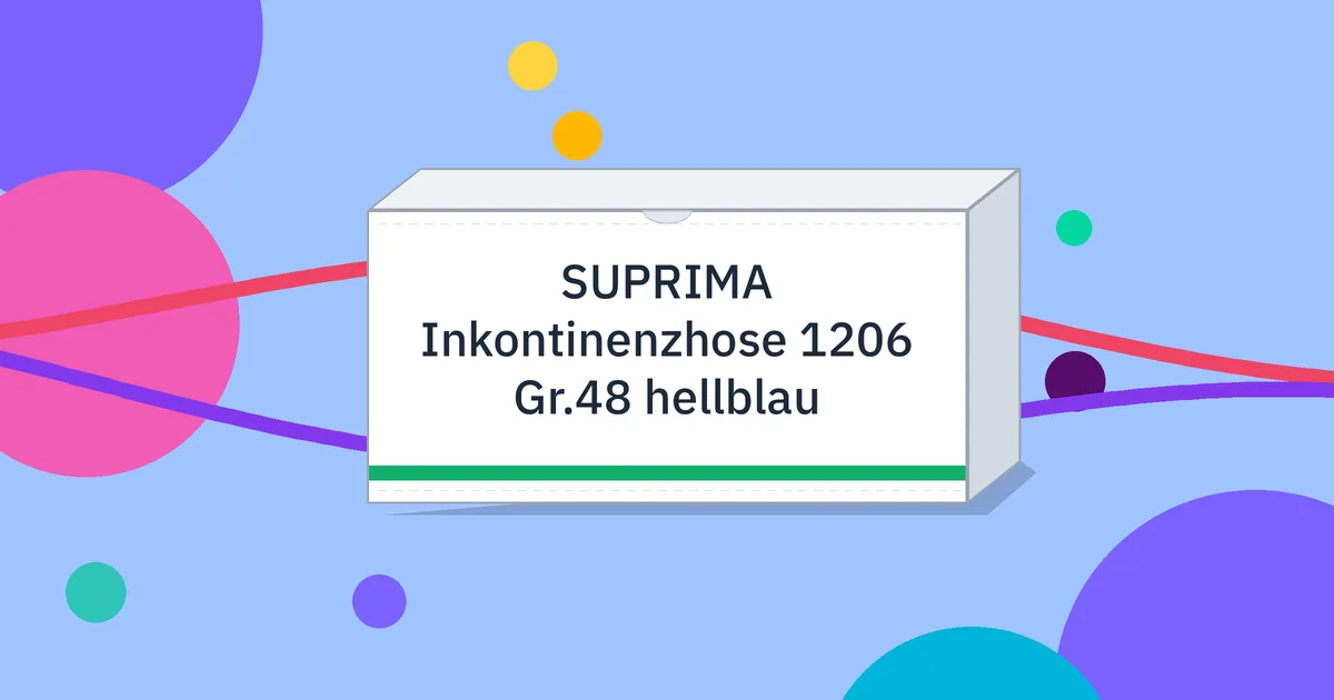 Symbolbild: Packung mit der Aufschrift SUPRIMA Inkontinenzhose 1206 Gr.48 hellblau (PZN 03021853) – Verfügbarkeit und Bezug in Apotheken in Frankfurt am Main