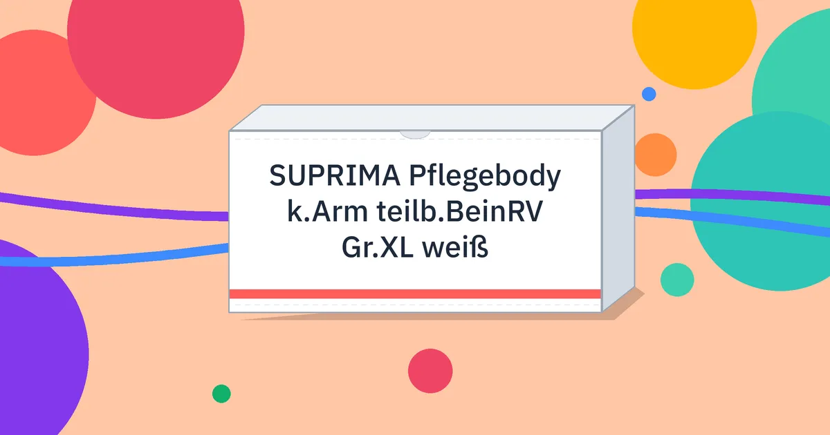 Symbolbild: Packung mit der Aufschrift SUPRIMA Pflegebody k.Arm teilb.BeinRV Gr.XL weiß (PZN 06477909) – Verfügbarkeit und Bezug in Apotheken in Frankfurt am Main