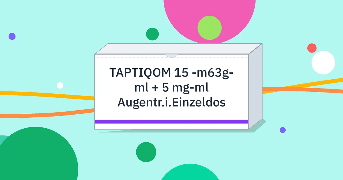Symbolbild: Packung mit der Aufschrift TAPTIQOM 15 -m63g-ml + 5 mg-ml Augentr.i.Einzeldos (PZN 18733855) – Verfügbarkeit und Bezug in Apotheken in Frankfurt am Main