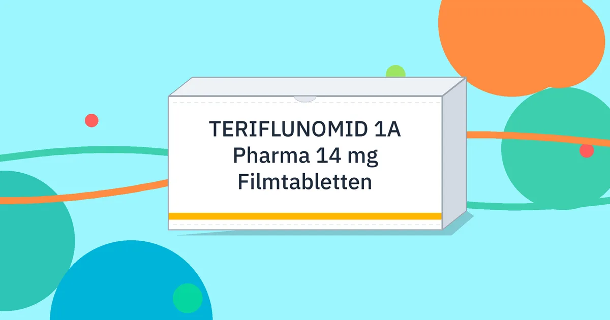 Symbolbild: Packung mit der Aufschrift TERIFLUNOMID 1A Pharma 14 mg Filmtabletten (PZN 18669407) – Verfügbarkeit und Bezug in Apotheken in Frankfurt am Main