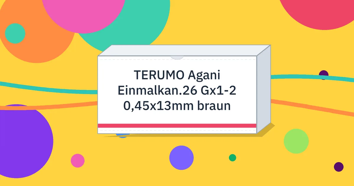 Symbolbild: Packung mit der Aufschrift TERUMO Agani Einmalkan.26 Gx1-2 0,45x13mm braun (PZN 13873497) – Verfügbarkeit und Bezug in Apotheken in Frankfurt am Main