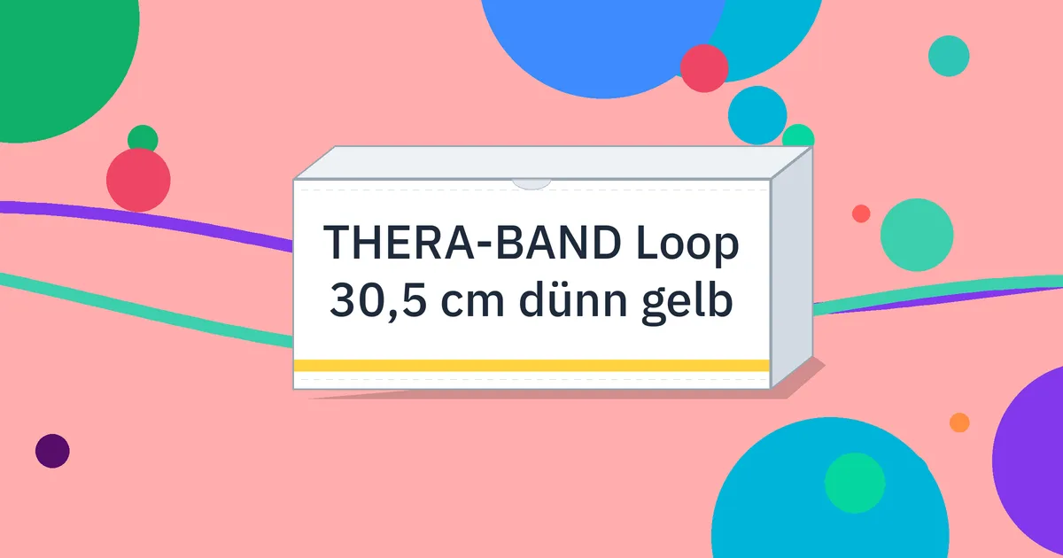 Symbolbild: Packung mit der Aufschrift THERA-BAND Loop 30,5 cm dünn gelb (PZN 09176976) – Verfügbarkeit und Bezug in Apotheken in Frankfurt am Main