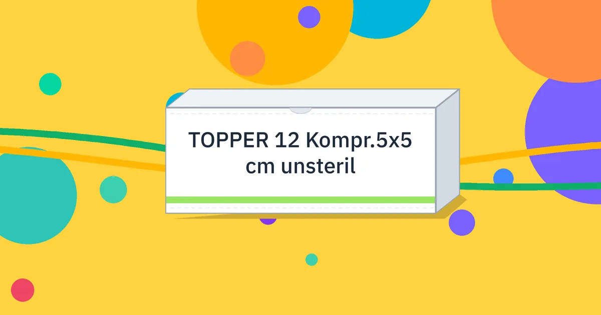 Symbolbild: Packung mit der Aufschrift TOPPER 12 Kompr.5x5 cm unsteril (PZN 09644420) – Verfügbarkeit und Bezug in Apotheken in Frankfurt am Main