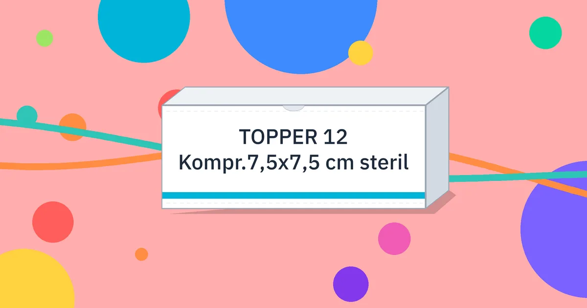 Symbolbild: Packung mit der Aufschrift TOPPER 12 Kompr.7,5x7,5 cm steril (PZN 03307029) – Verfügbarkeit und Bezug in Apotheken in Frankfurt am Main