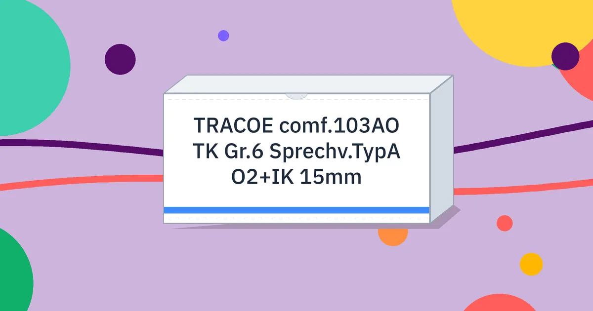 Symbolbild: Packung mit der Aufschrift TRACOE comf.103AO TK Gr.6 Sprechv.TypA O2+IK 15mm (PZN 18232567) – Verfügbarkeit und Bezug in Apotheken in Frankfurt am Main