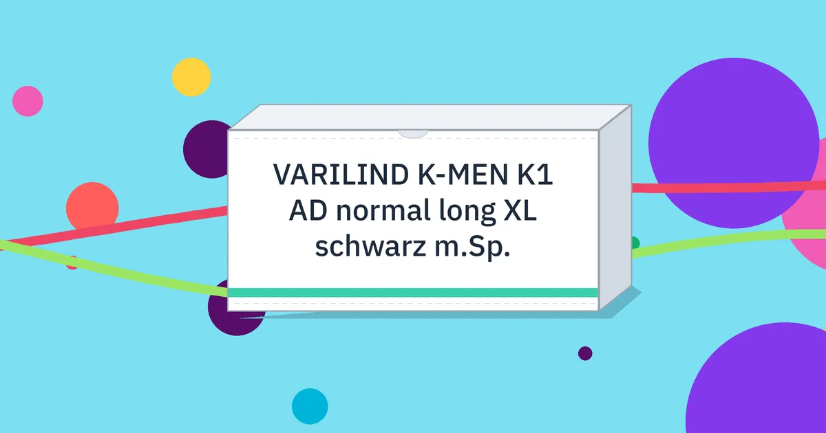 Symbolbild: Packung mit der Aufschrift VARILIND K-MEN K1 AD normal long XL schwarz m.Sp. (PZN 20569185) – Verfügbarkeit und Bezug in Apotheken in Frankfurt am Main