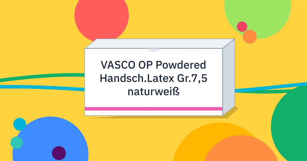 Symbolbild: Packung mit der Aufschrift VASCO OP Powdered Handsch.Latex Gr.7,5 naturweiß (PZN 14382732) – Verfügbarkeit und Bezug in Apotheken in Frankfurt am Main