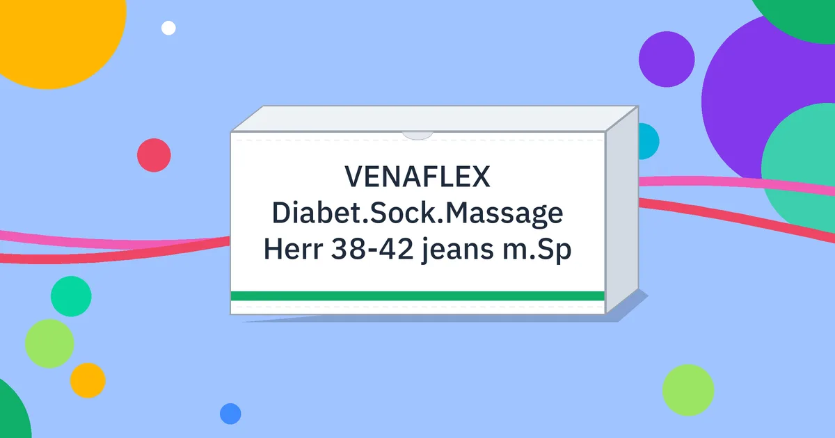 Symbolbild: Packung mit der Aufschrift VENAFLEX Diabet.Sock.Massage Herr 38-42 jeans m.Sp (PZN 18309494) – Verfügbarkeit und Bezug in Apotheken in Frankfurt am Main