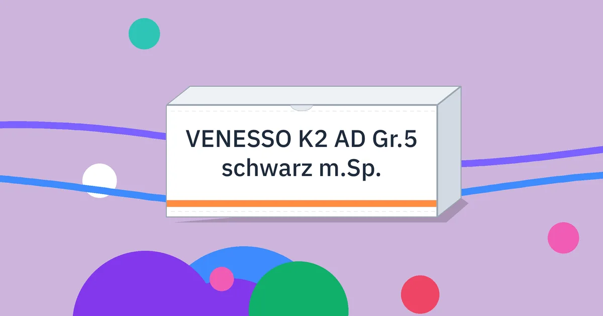 Symbolbild: Packung mit der Aufschrift VENESSO K2 AD Gr.5 schwarz m.Sp. (PZN 03258779) – Verfügbarkeit und Bezug in Apotheken in Frankfurt am Main