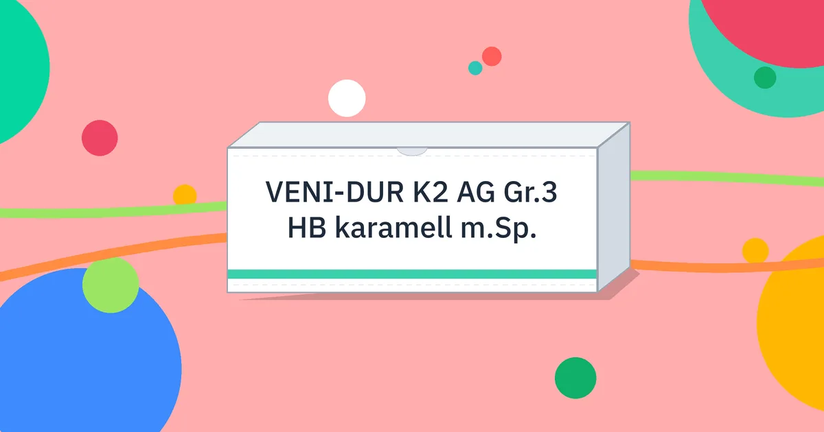 Symbolbild: Packung mit der Aufschrift VENI-DUR K2 AG Gr.3 HB karamell m.Sp. (PZN 13756538) – Verfügbarkeit und Bezug in Apotheken in Frankfurt am Main
