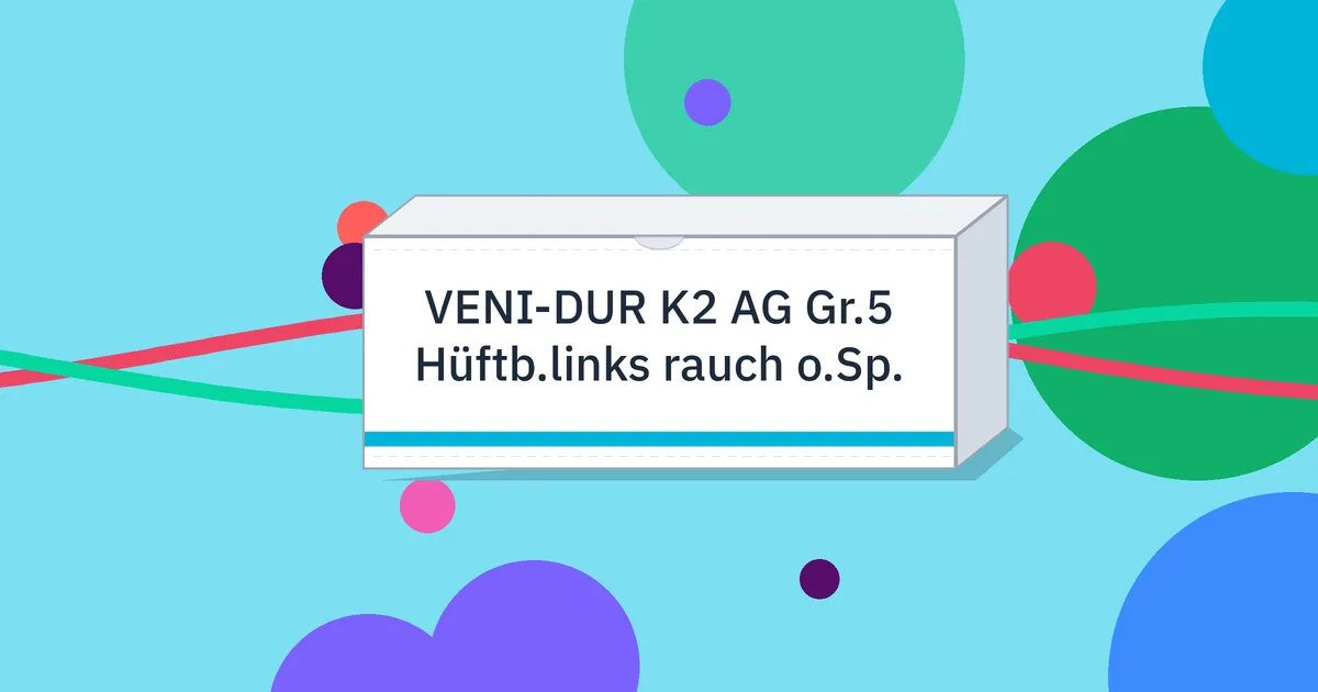 Symbolbild: Packung mit der Aufschrift VENI-DUR K2 AG Gr.5 Hüftb.links rauch o.Sp. (PZN 03253196) – Verfügbarkeit und Bezug in Apotheken in Frankfurt am Main