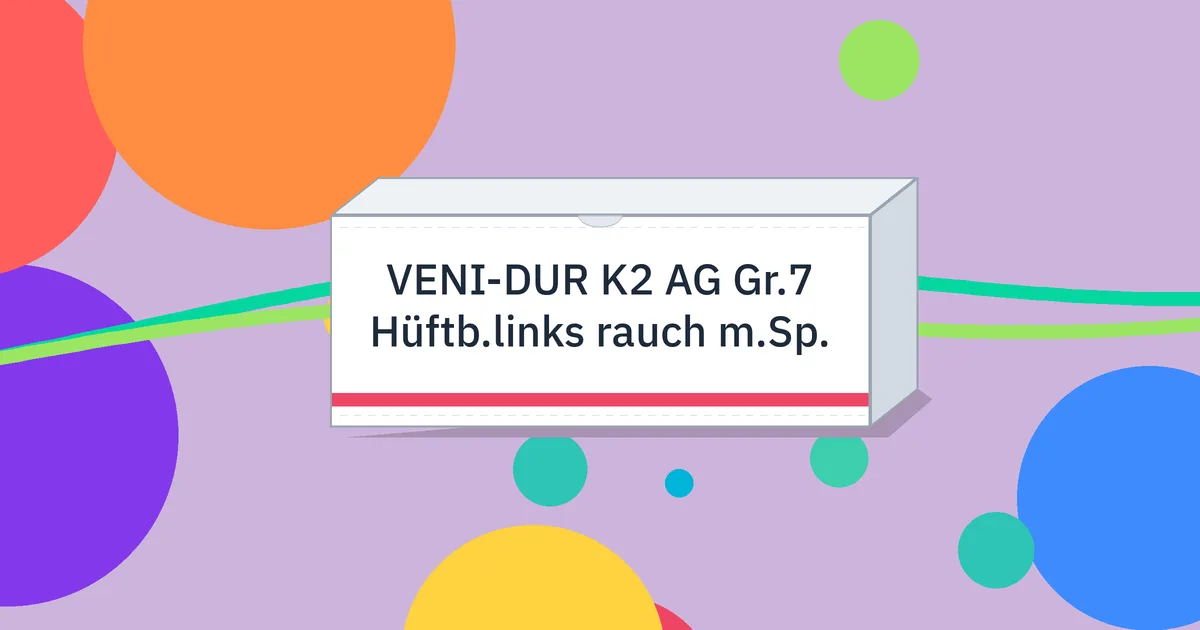 Symbolbild: Packung mit der Aufschrift VENI-DUR K2 AG Gr.7 Hüftb.links rauch m.Sp. (PZN 03248812) – Verfügbarkeit und Bezug in Apotheken in Frankfurt am Main