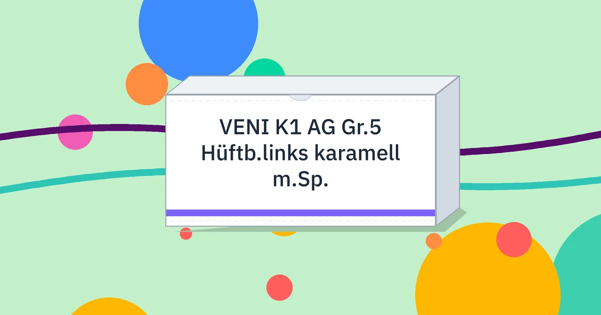 Symbolbild: Packung mit der Aufschrift VENI K1 AG Gr.5 Hüftb.links karamell m.Sp. (PZN 13760190) – Verfügbarkeit und Bezug in Apotheken in Frankfurt am Main