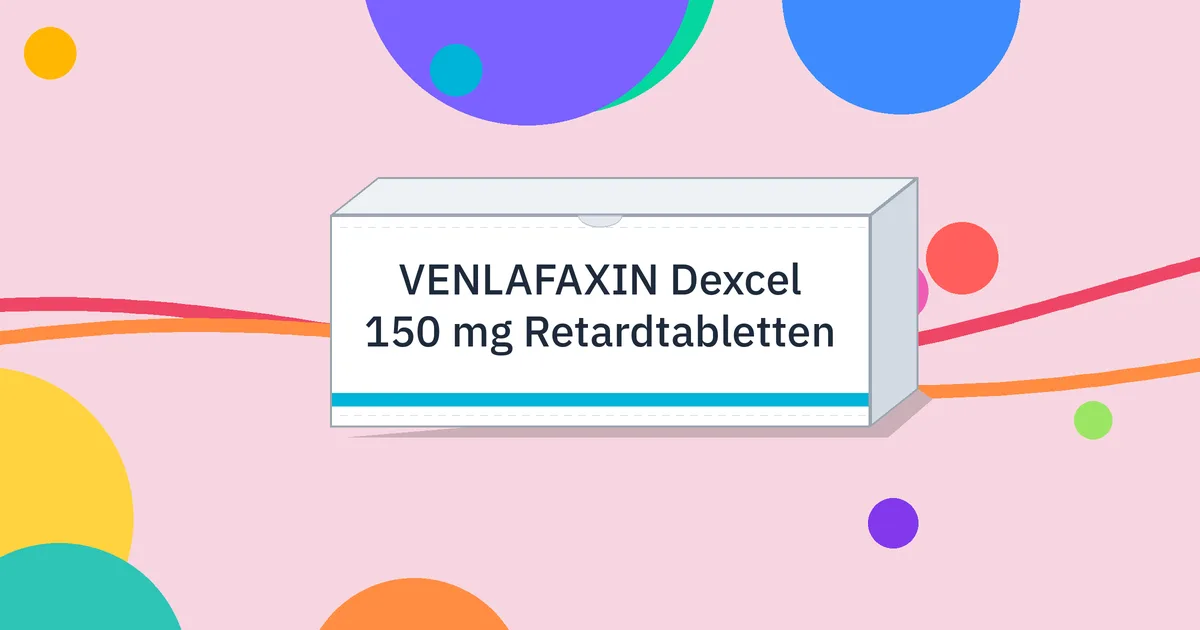 Symbolbild: Packung mit der Aufschrift VENLAFAXIN Dexcel 150 mg Retardtabletten (PZN 09295818) – Verfügbarkeit und Bezug in Apotheken in Frankfurt am Main