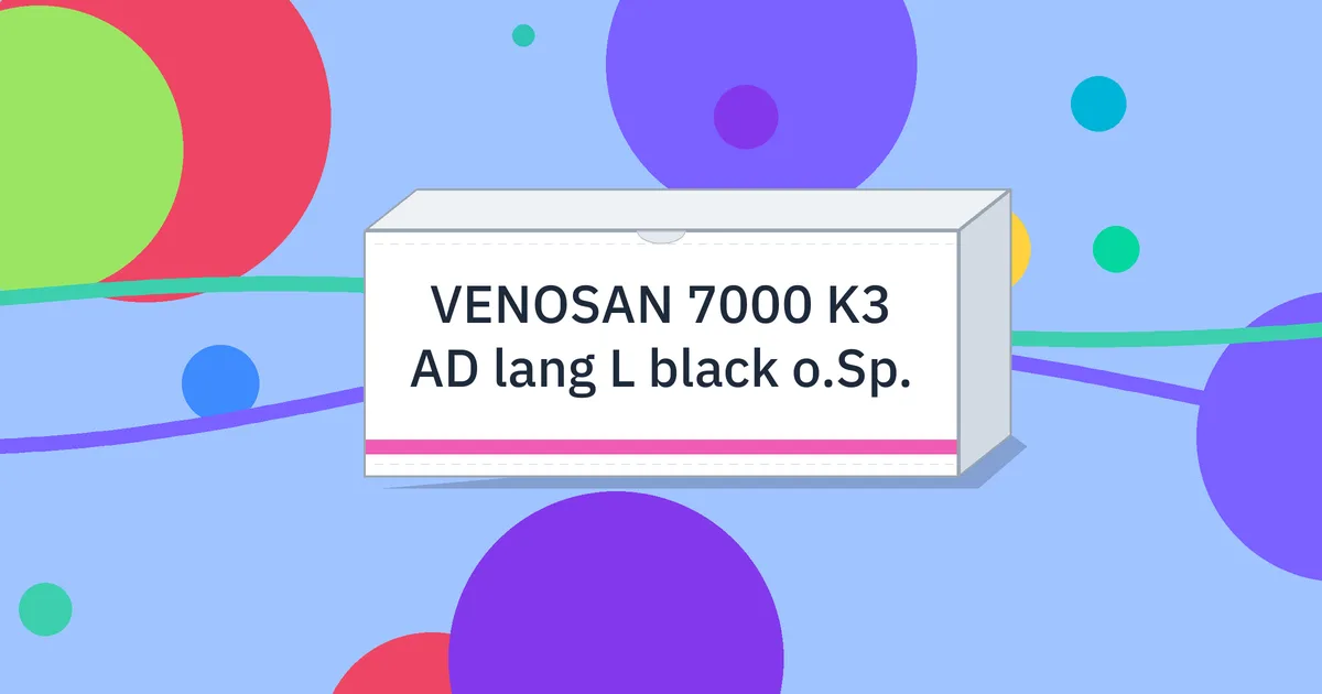 Symbolbild: Packung mit der Aufschrift VENOSAN 7000 K3 AD lang L black o.Sp. (PZN 14436095) – Verfügbarkeit und Bezug in Apotheken in Frankfurt am Main