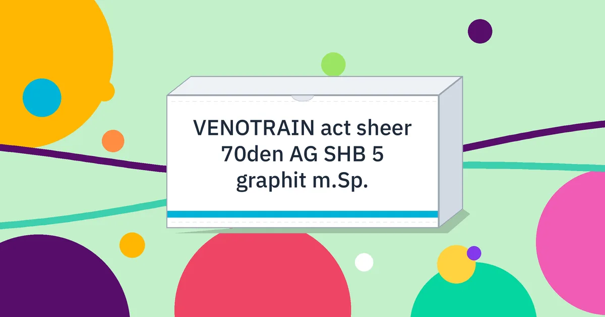 Symbolbild: Packung mit der Aufschrift VENOTRAIN act sheer 70den AG SHB 5 graphit m.Sp. (PZN 16208010) – Verfügbarkeit und Bezug in Apotheken in Frankfurt am Main