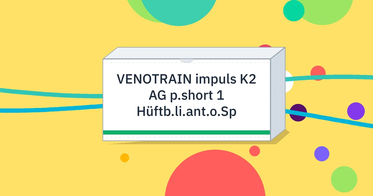 Symbolbild: Packung mit der Aufschrift VENOTRAIN impuls K2 AG p.short 1 Hüftb.li.ant.o.Sp (PZN 15219744) – Verfügbarkeit und Bezug in Apotheken in Frankfurt am Main