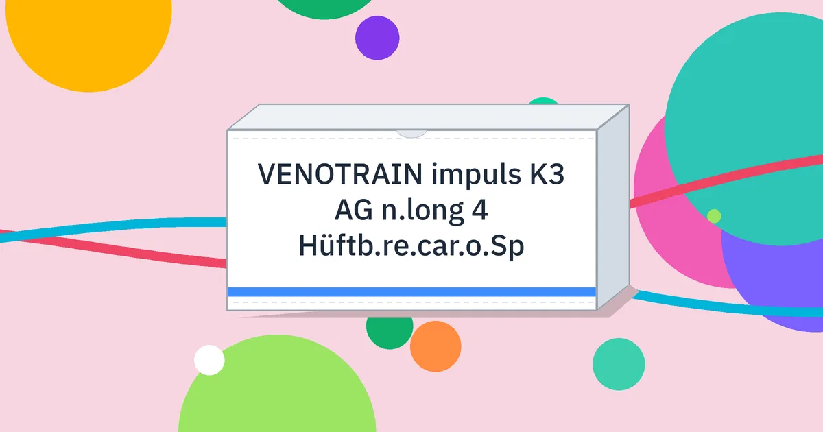 Symbolbild: Packung mit der Aufschrift VENOTRAIN impuls K3 AG n.long 4 Hüftb.re.car.o.Sp (PZN 08422841) – Verfügbarkeit und Bezug in Apotheken in Frankfurt am Main