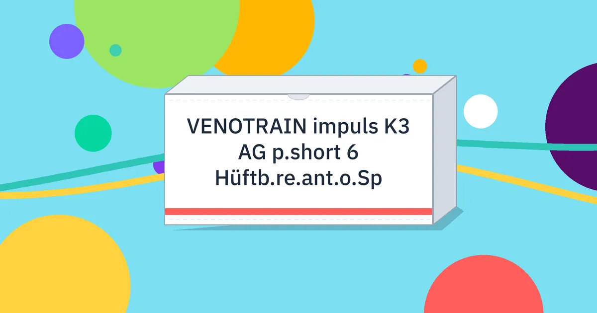 Symbolbild: Packung mit der Aufschrift VENOTRAIN impuls K3 AG p.short 6 Hüftb.re.ant.o.Sp (PZN 15218615) – Verfügbarkeit und Bezug in Apotheken in Frankfurt am Main