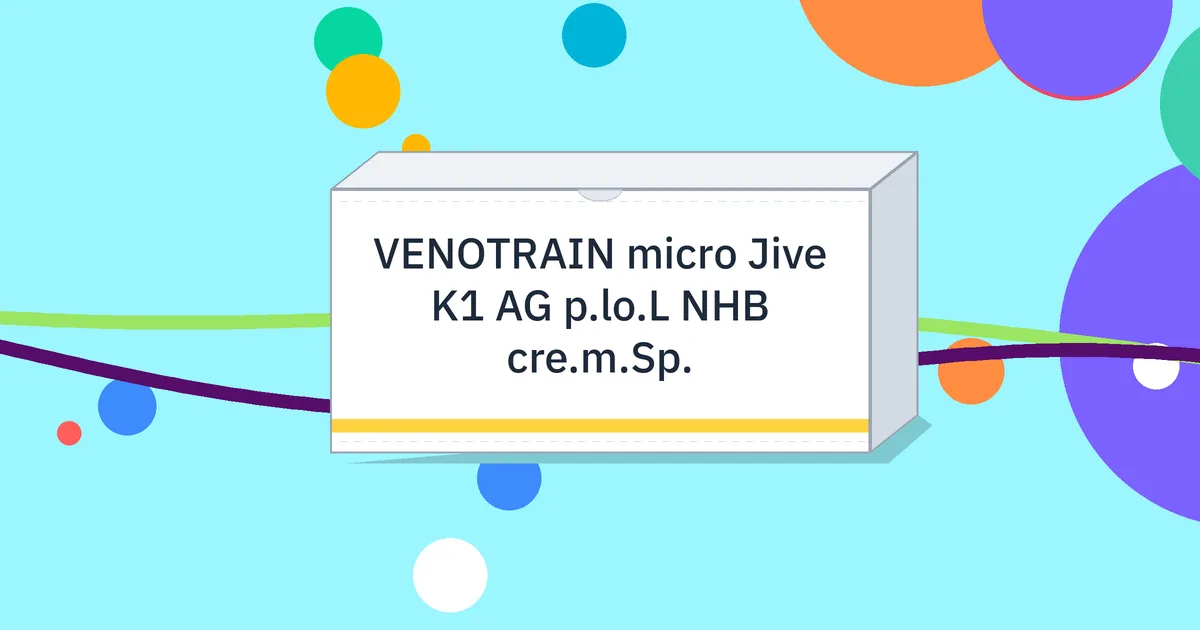 Symbolbild: Packung mit der Aufschrift VENOTRAIN micro Jive K1 AG p.lo.L NHB cre.m.Sp. (PZN 17763506) – Verfügbarkeit und Bezug in Apotheken in Frankfurt am Main
