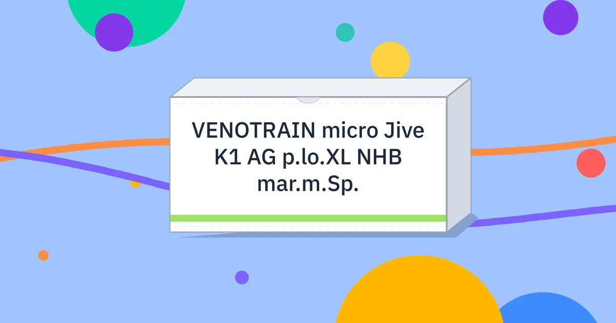 Symbolbild: Packung mit der Aufschrift VENOTRAIN micro Jive K1 AG p.lo.XL NHB mar.m.Sp. (PZN 17767421) – Verfügbarkeit und Bezug in Apotheken in Frankfurt am Main