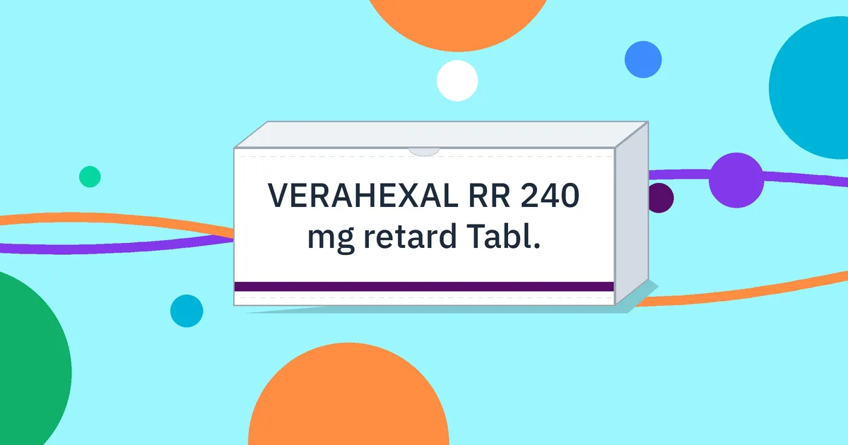 Symbolbild: Packung mit der Aufschrift VERAHEXAL RR 240 mg retard Tabl. (PZN 04829066) – Verfügbarkeit und Bezug in Apotheken in Frankfurt am Main