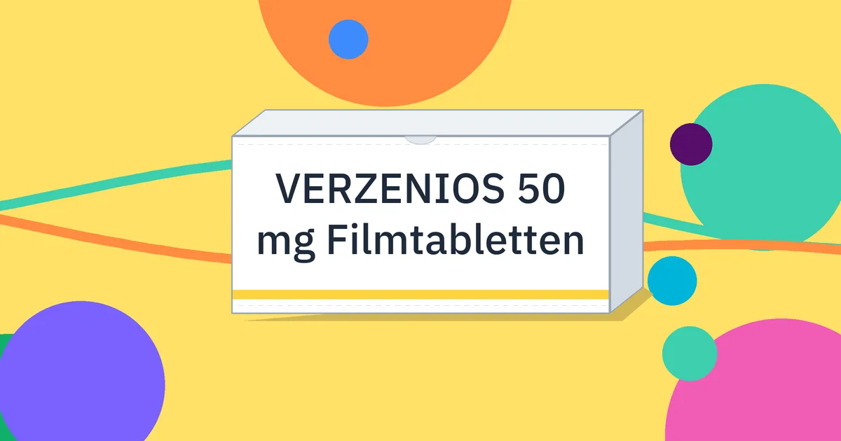 Symbolbild: Packung mit der Aufschrift VERZENIOS 50 mg Filmtabletten (PZN 14219334) – Verfügbarkeit und Bezug in Apotheken in Frankfurt am Main