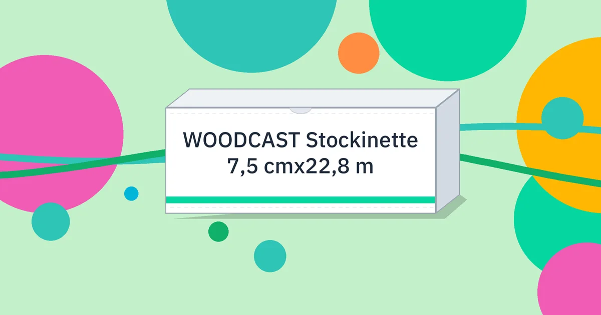 Symbolbild: Packung mit der Aufschrift WOODCAST Stockinette 7,5 cmx22,8 m (PZN 12420345) – Verfügbarkeit und Bezug in Apotheken in Frankfurt am Main