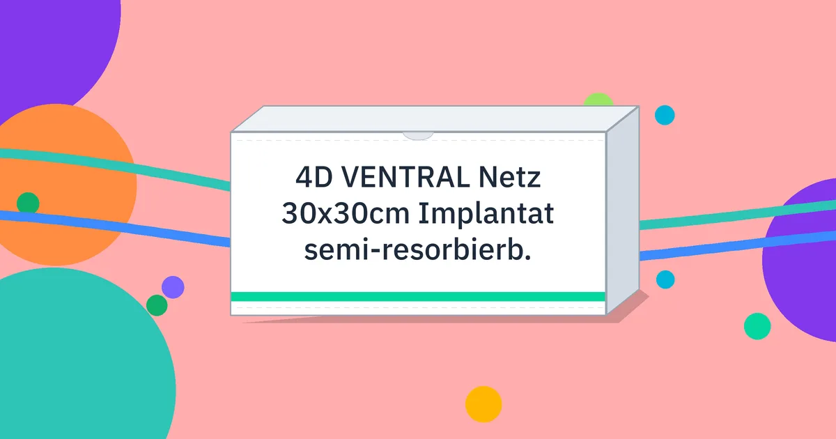 Symbolbild: Packung mit der Aufschrift 4D VENTRAL Netz 30x30cm Implantat semi-resorbierb. (PZN 19504602) – Verfügbarkeit und Bezug in Apotheken in Frankfurt am Main