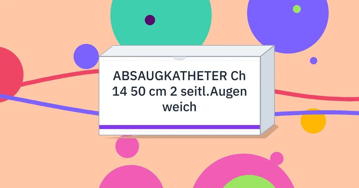 Symbolbild: Packung mit der Aufschrift ABSAUGKATHETER Ch 14 50 cm 2 seitl.Augen weich (PZN 09314007) – Verfügbarkeit und Bezug in Apotheken in Frankfurt am Main