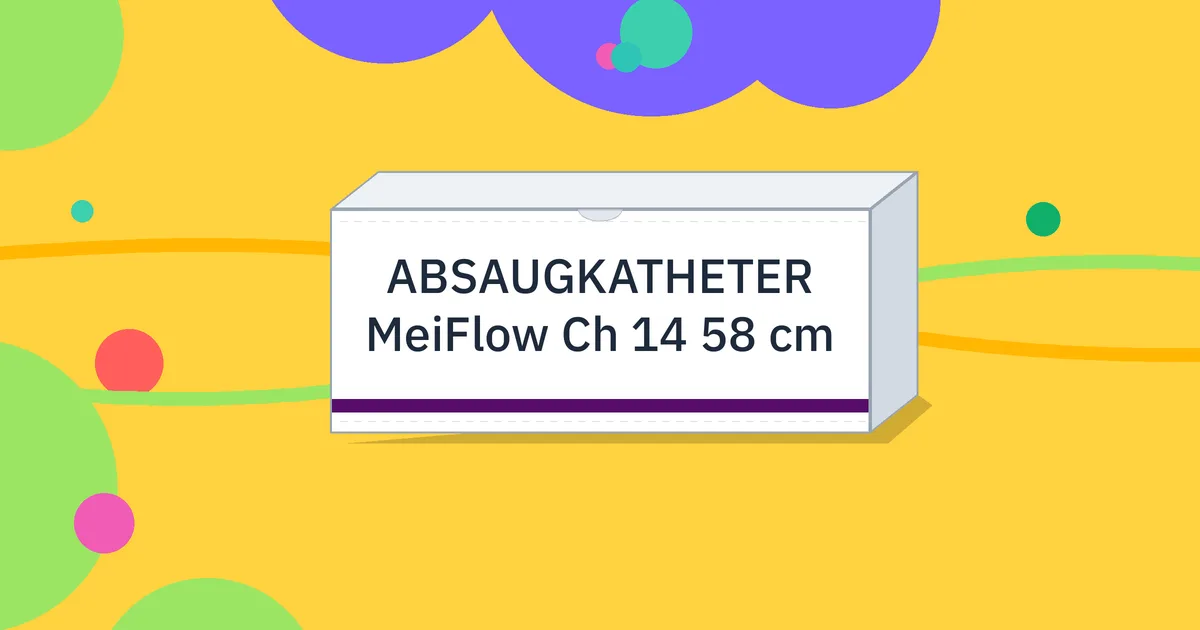 Symbolbild: Packung mit der Aufschrift ABSAUGKATHETER MeiFlow Ch 14 58 cm (PZN 19857890) – Verfügbarkeit und Bezug in Apotheken in Frankfurt am Main