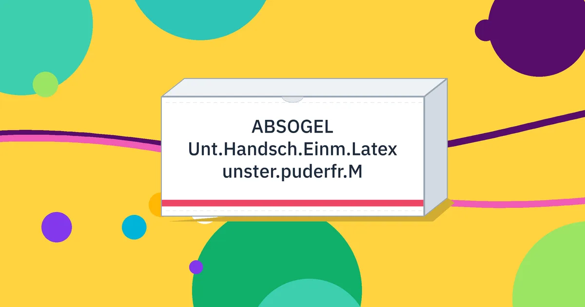 Symbolbild: Packung mit der Aufschrift ABSOGEL Unt.Handsch.Einm.Latex unster.puderfr.M (PZN 16527821) – Verfügbarkeit und Bezug in Apotheken in Frankfurt am Main