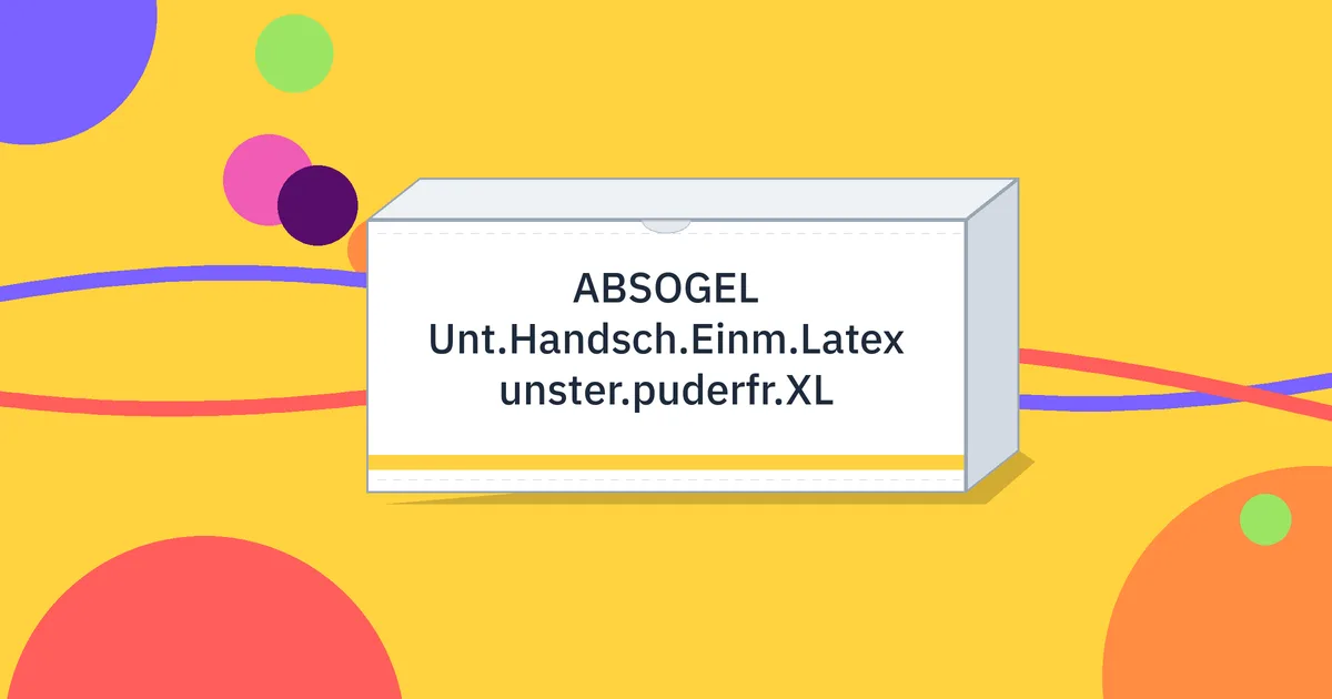 Symbolbild: Packung mit der Aufschrift ABSOGEL Unt.Handsch.Einm.Latex unster.puderfr.XL (PZN 16527844) – Verfügbarkeit und Bezug in Apotheken in Frankfurt am Main